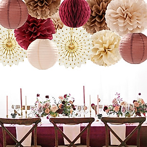 Brown Burgundy Champagne Boho Party-Decorations - 14pcs Rustic Wedding Paper Lanterns Fan,Tissue Pom Poms Streamers,Honeycomb,Fall Autumn Birthday Baby Bridal Shower Engagement Decor Lasting Surprise