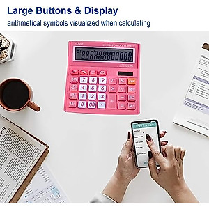Office Desk Calculator 12 Digits with Solar Power and Easy to Read HD LCD Display, Big Buttons, for Financial Affairs,Home, Office, School, Class and Business,with Battery，Pink