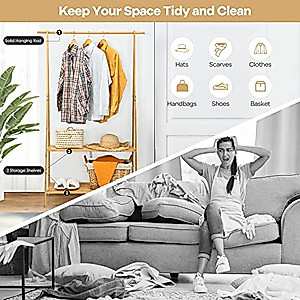 GOFLAME Bamboo Garment Rack, Freestanding Clothing Rack with Hanging Rod and 2 Storage Shelves, Heavy Duty Clothes Rack with Anti-tipping Devices, Natural