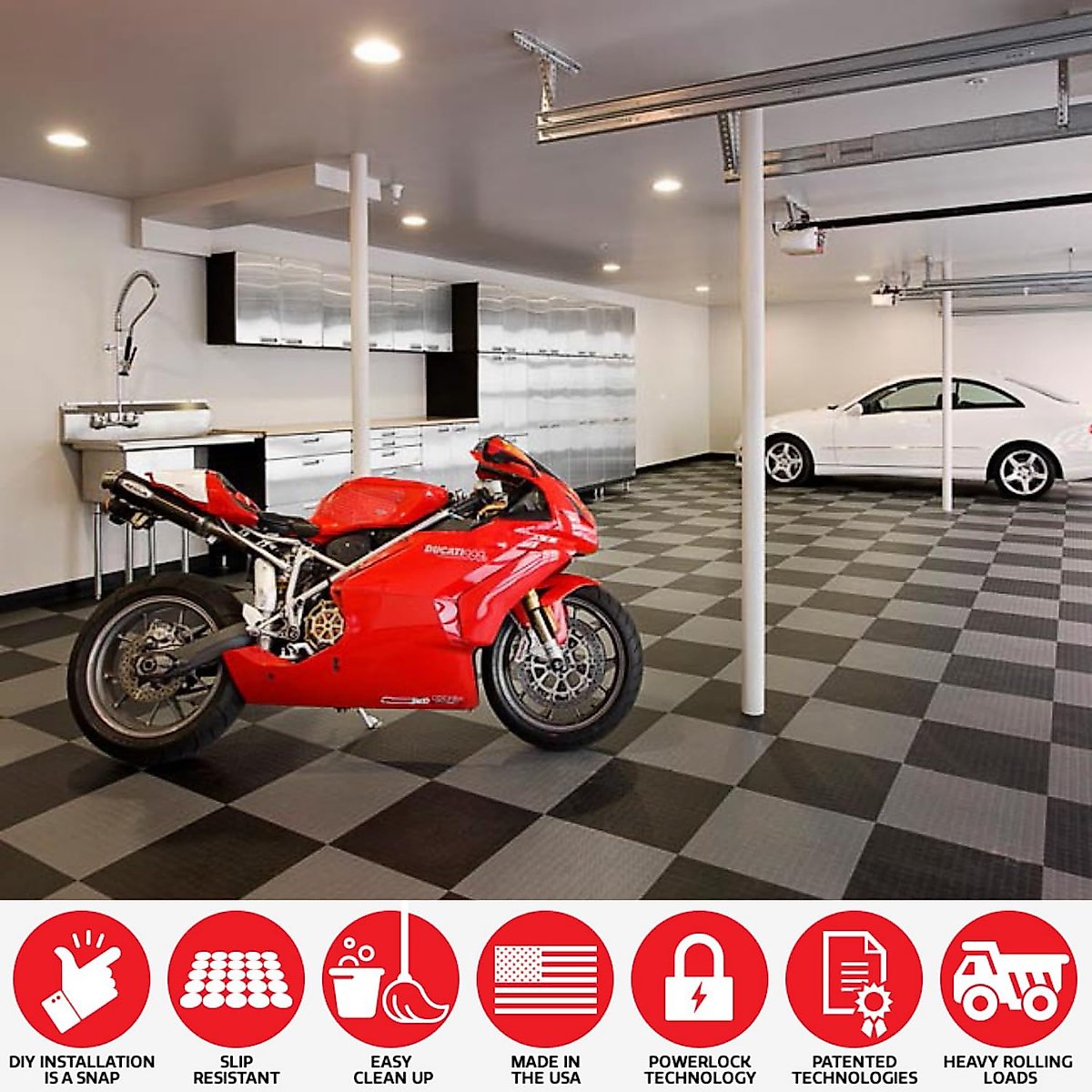 Big Floors GarageDeck Coin Pattern, Durable Copolymer Interlocking Modular Non-Slip Garage Flooring Tile (48 Pack), Black