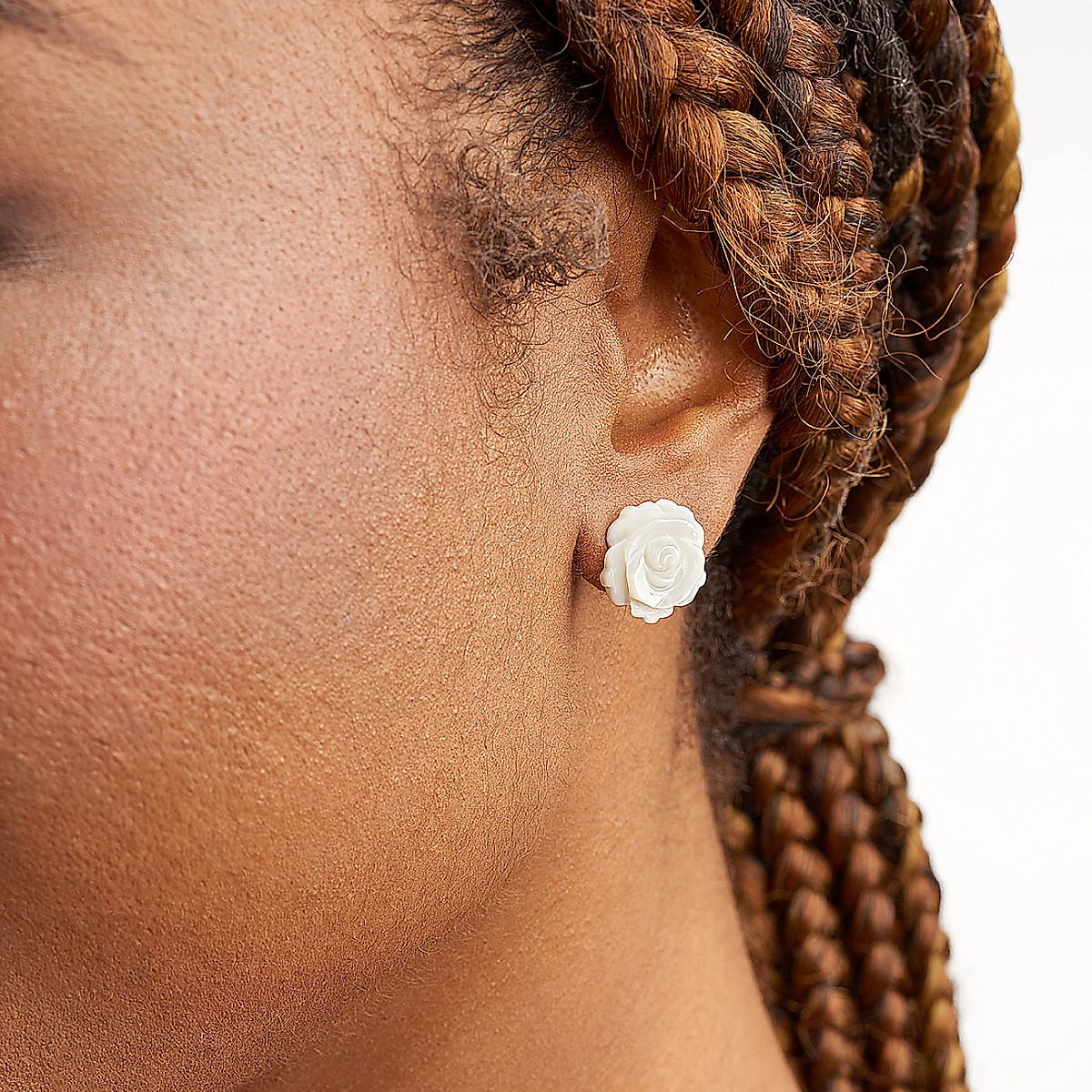 MORGAN & PAIGE Carved Mother of Pearl Rose Earrings, Handcrafted Rose Stud Earrings, Rhodium Plated Sterling Silver Mother of Pearl Earrings, Jewelry Gifts for Women