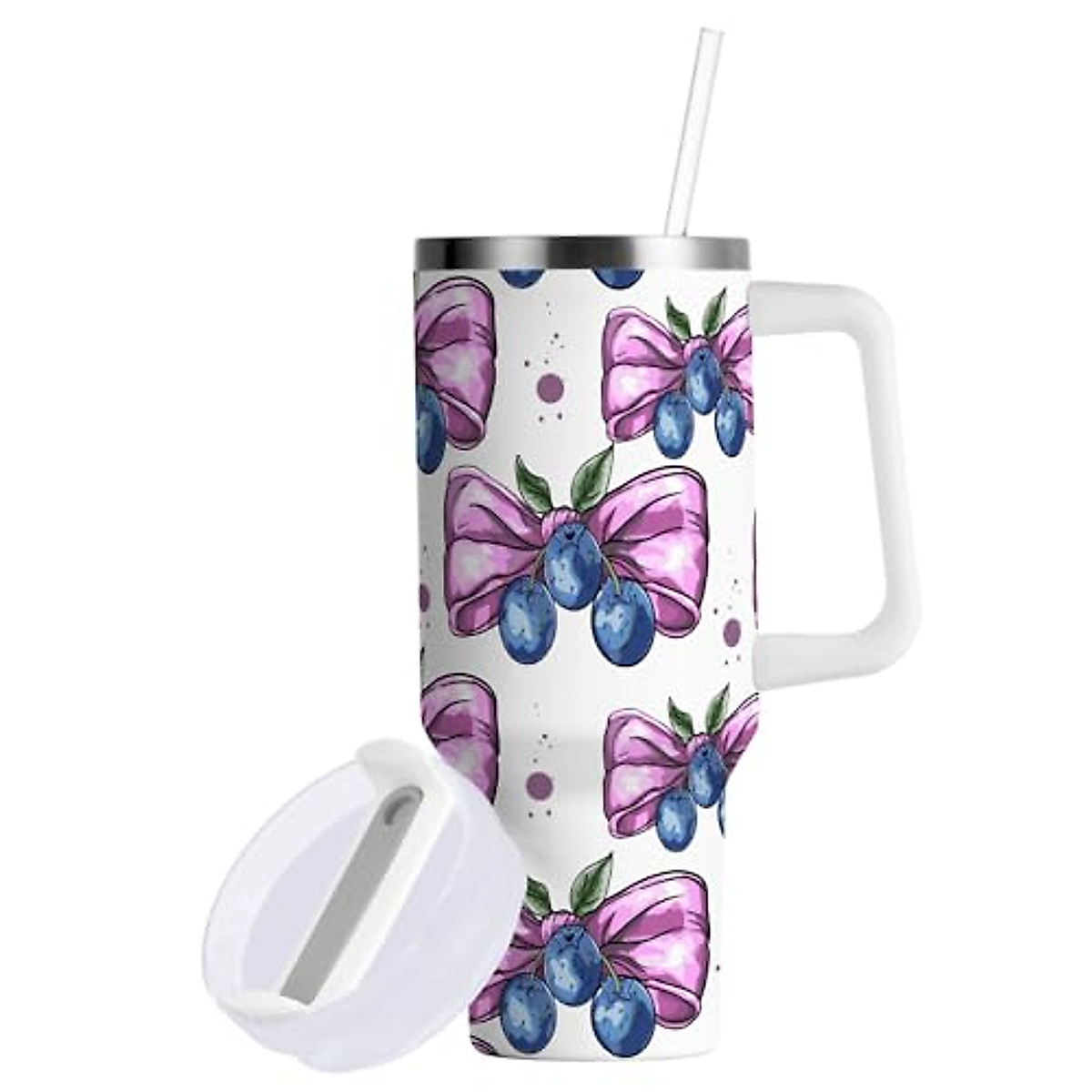 DIGTIA Stainless Steel Insulated Tumbler w/Handle & Straw, Bowknot Double Wall Vacuum Travel Coffee Mug Cup w/Lid, Leak-Proof Sports Blueberry Water Bottle,40oz