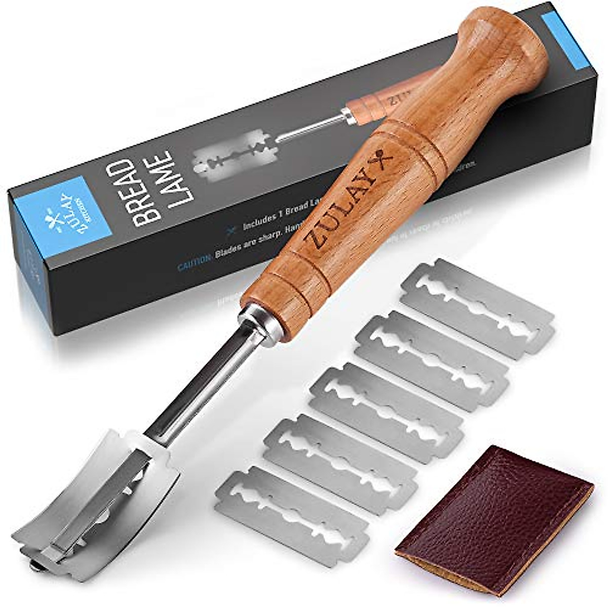 Zulay Kitchen Bread Lame Dough Scoring Tool - Hand Crafted Bread Scoring Tool to Cut Designs on Sourdough, Homemade Bread - Bread Scoring Knife With 6 Stainless Steel Razor Blades and Leather Cover