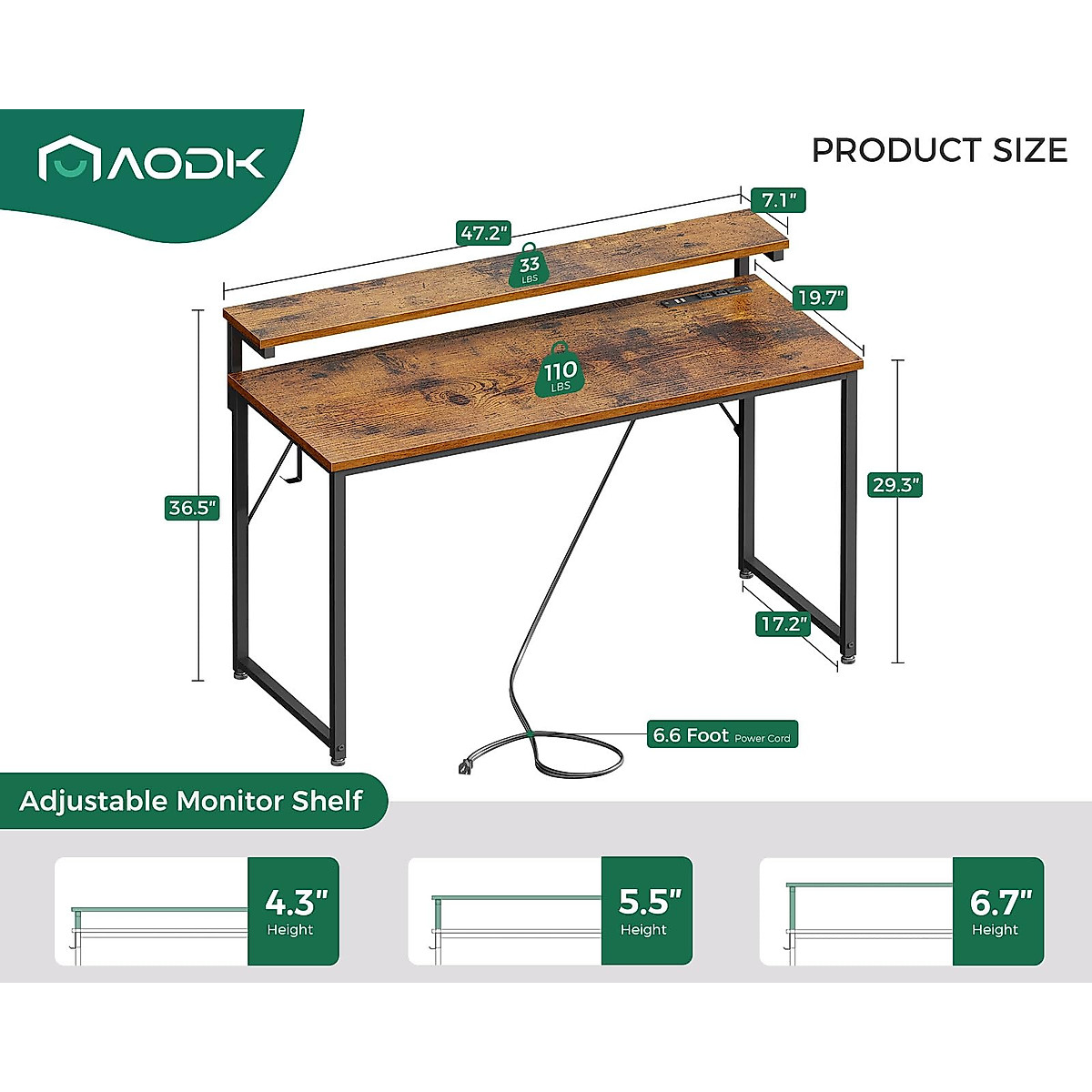 AODK Computer Desk, 48 Inch Gaming Desk with LED Lights and Power Outlet, Office Desk with Adjustable Monitor Shelf (3 Heights), Computer Table Work Desk for Home/Bedroom, Rustic Brown