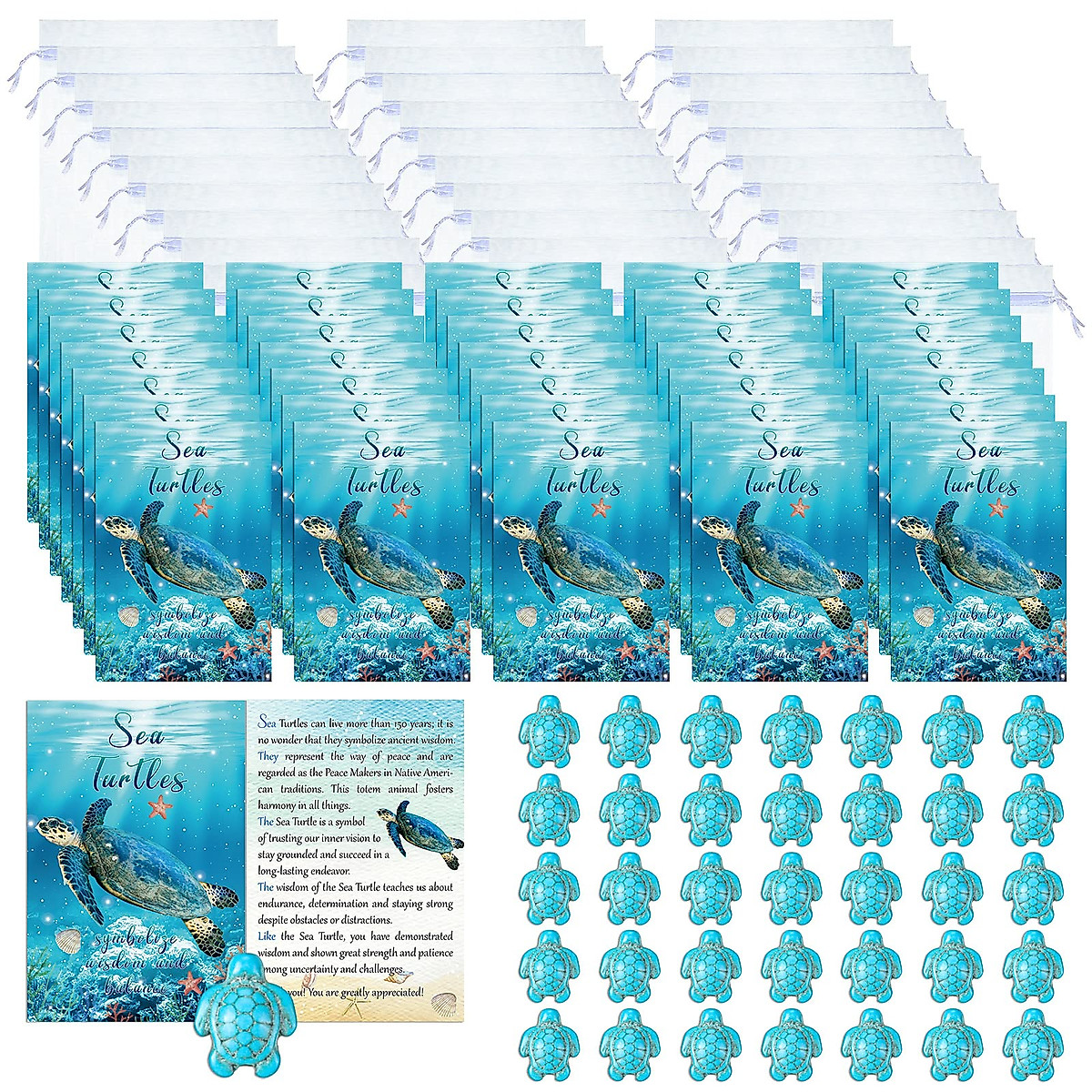 135 Pcs Sea Turtle Employee Appreciation Gifts Bulk Thank You Teacher Appreciation Gift Includes 45 Turtle Greeting Card with Message 45 sea Turtle and 45 Organza Bags for Coworkers (Bright Style)