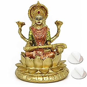 Hindu Goddess Saraswati Statue - 4.6" H Indian God Saraswati Idol Lotus Sculpture - Home Temple Indian Pooja Items Car Decor - Housewarming Wedding Return Gifts Diwali Gifts Antique Gold