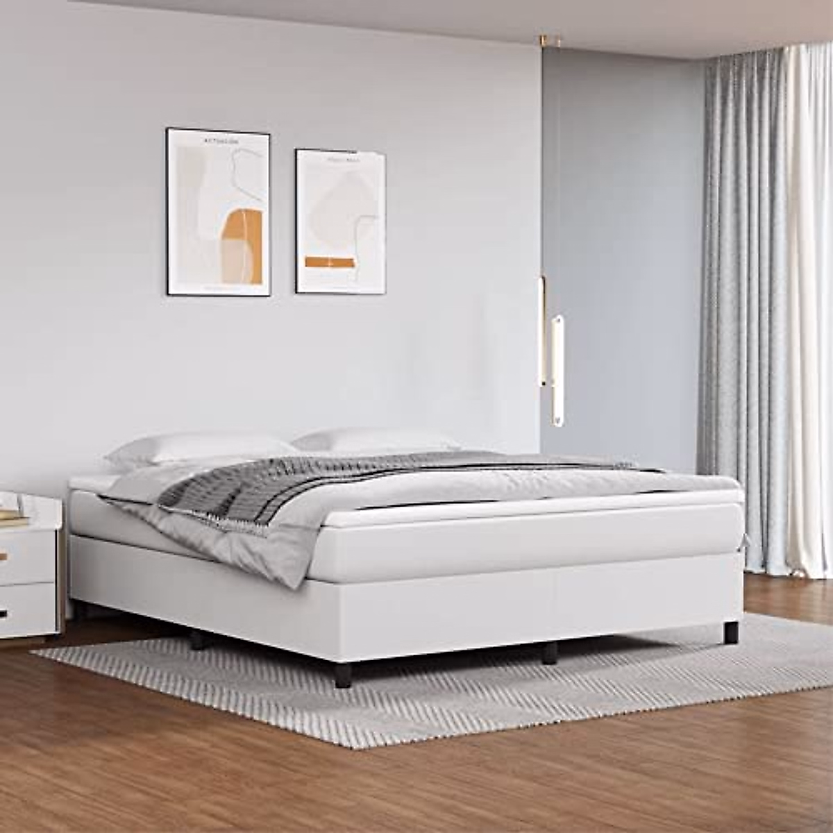 vidaXL Box Spring Bed Frame Home Indoor Bed Accessory Bedroom Upholstered Double Bed Base Furniture White 76"x79.9" King Faux Leather