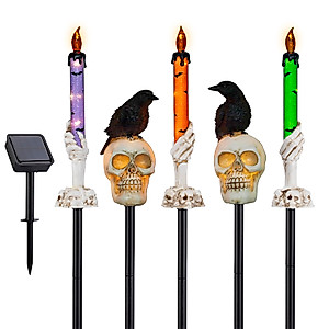 Halloween Outdoor Decoration Solar Lights,5 Pack Skull Candle Lights+Skull Solar Lights with Black Crow,Waterproof Solar Ghost Lights with Stakes,Stunning Halloween Decor for Lawn Yard Garden