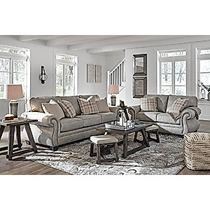 Signature Design by Ashley Olsberg Faux Leather Loveseat with Nailhead Trim and 2 Accent Pillows, Gray