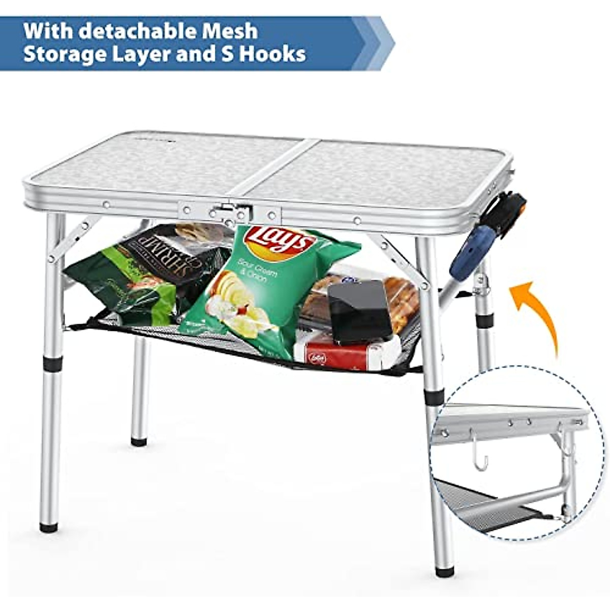 Sportneer Camping Table, Adjustable Height Small Folding Table with Mesh Layer Portable Camp Tables with Aluminum Legs for Outdoor Camp Picnic Beach BBQ Cooking (23.6" L x 15.7" W (3 Height))