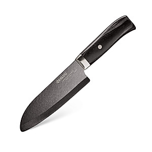 Kyocera Advanced Ceramic LTD Series Santoku Knife with Handcrafted Pakka Wood Handle, 5.5-Inch, Black Blade