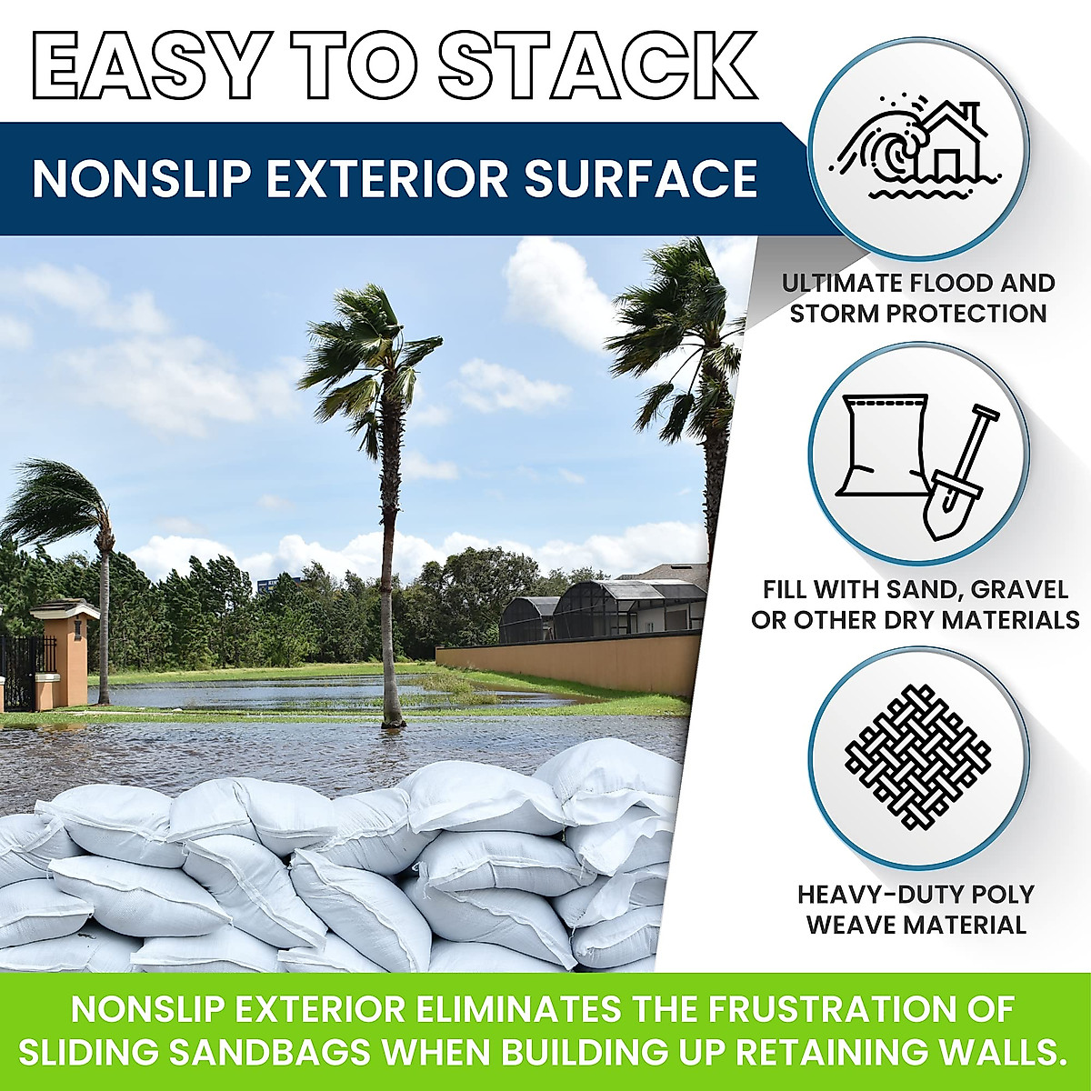 Sand Bags (12 Pack) Empty Sandbags with Ties, Heavy Duty, UV Treated (14" x 25") Non-Slip Empty Bags for Sand - (12 Pack)