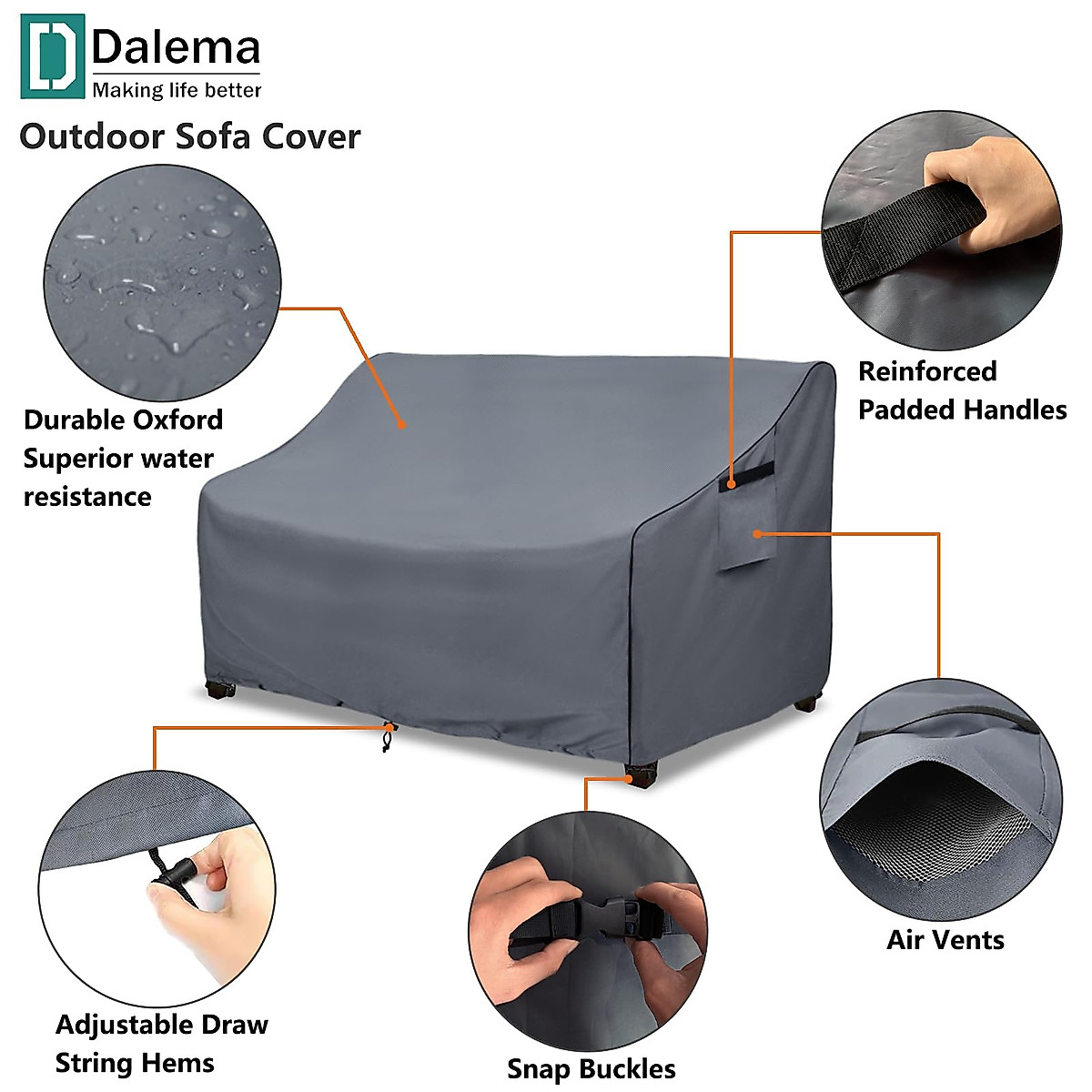 Dalema Outdoor 3-Seater Loveseat Cover,600D Heavy Duty 100% Waterproof Patio Sofa Cover,Furniture Covers for Sofa and Loveseat,79W x 38.5D x 35H Inches,Grey.