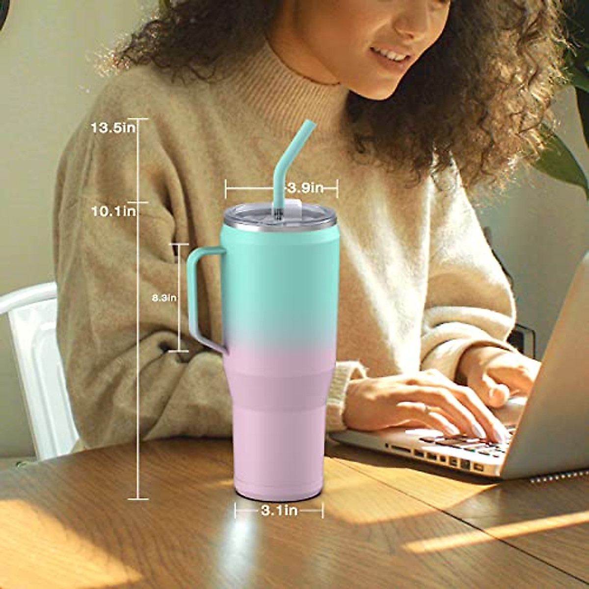 Zukro 50 oz Mug Tumbler With Handle And Straw, Vacuum Insulated Stainless Steel Large Travel Water Cup with Lid,Fit in Cup Holder,No Sweat,Keep Drinks Cold Up To 30 Hours, Dishwasher Safe,Pink