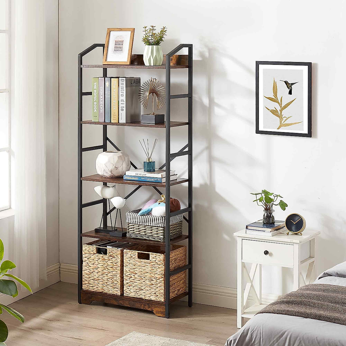 Vagusicc 5 Tier Bookshelf with 2 Storage Baskets, Tall Bookcase Shelf Storage Organizer Wood Book Shelf, Modern Shelf Rack Shelves with Steel Frame, Multipurpose Bookshelf for Bedroom Living Room