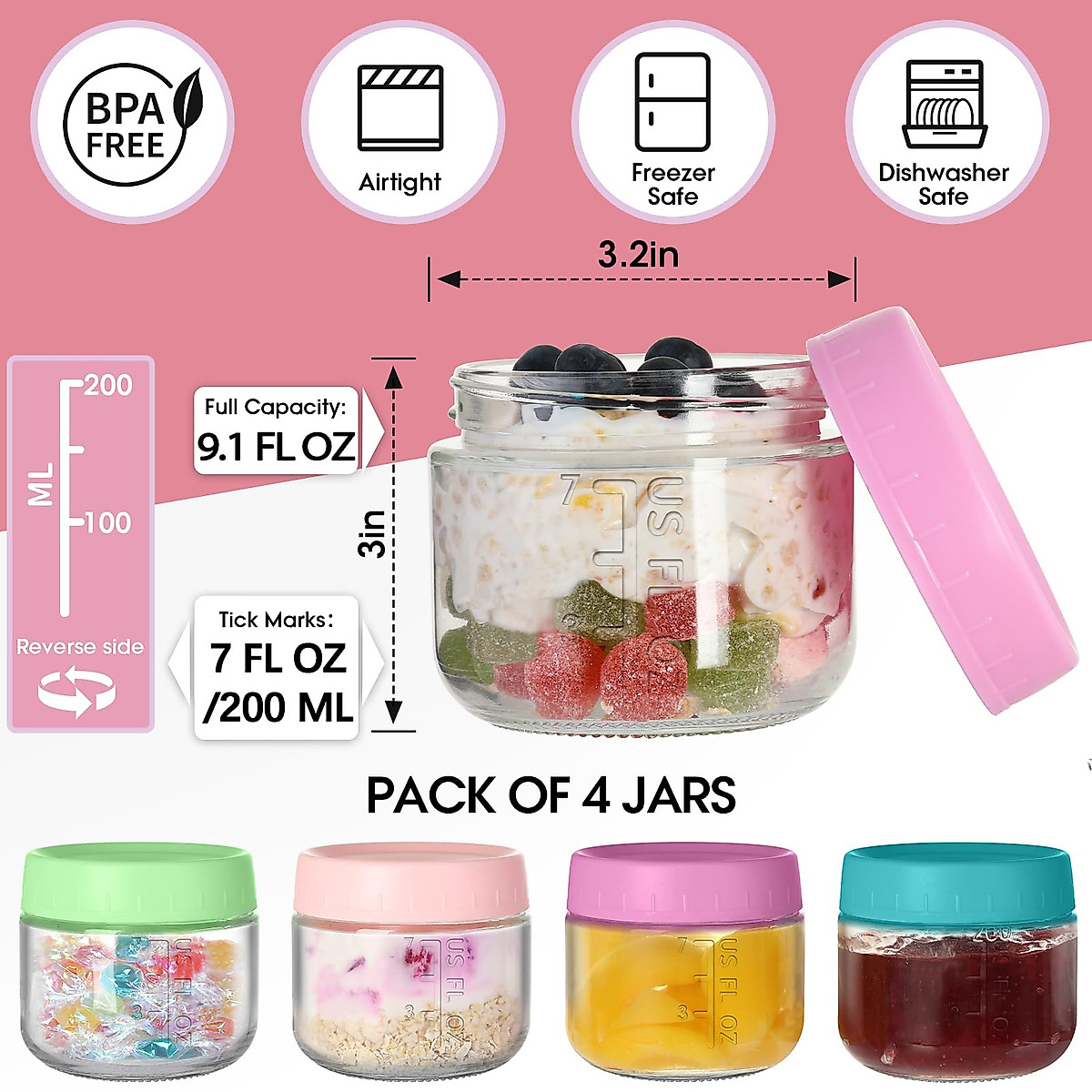 KITCHOP 4 Pack Overnight Oats Containers with Lids, Glass Jars with Lids, Mason Jars with Airtight Lids, Glass Storage Containers for Leftover, Breakfast and Lunch(9.1 oz)