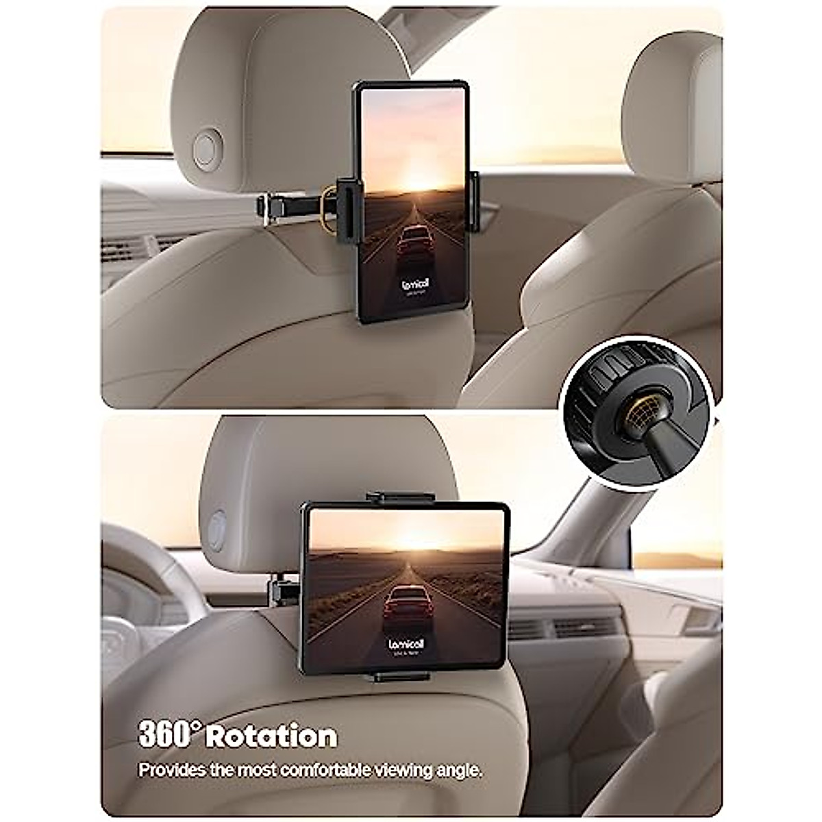Lamicall Car Tablet Headrest Holder - Car Back Seat Headrest Tablet Mount Stand for Kids, Road Trip Essentials, Compatible with 2024 iPad Pro 11/13", Air Mini, Galaxy Tab, 4.7-13" Tablet, Black