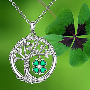 St Patricks Day Shamrock Necklace for Women Sterling Silver Tree of Life Necklace 4 Leaf Clover Pendant Good Lucky Irish Shamrock Green Clover Jewelry Holiday Gifts