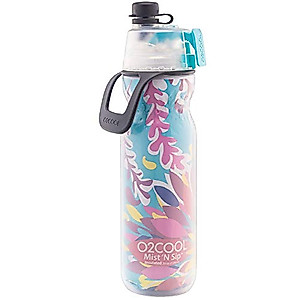O2COOL Arctic Squeeze Insulated Mist 'N Sip Water Bottle | 2 Pack- 20 oz | BPA Free, 2-in-1 Mist and Sip Function w/No Leak Pull Top Spout (Ras Ombre/Tropical)