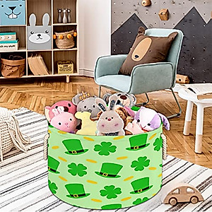 St. Patrick's Day Green Clover Leaves (10) Large Round Baskets for Storage Laundry Baskets with Handles Blanket Storage Basket for Bathroom Shelves Bins for Organizing Nursery Hamper Girl Boy