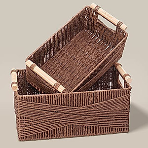 Storage Basket with Handle, Large Rectangular Wicker Basket for Organizing, Decorative Wicker Storage Basket Woven Basket Organizers for Living Room, Set of 2…