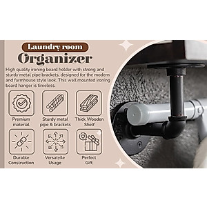 Ironing Board Holder Wall Mount - Heavy Duty Wood Shelf w/Metal Pipe Brackets - Hanging Ironing Board - Farmhouse Style Ironing Board Hanger - Wall Mounted Ironing Board - Iron Board Wall Mount