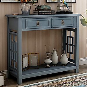 Knocbel Farmhouse 2-Drawer Console Table for Entryway, Entry Hallway Foyer Sofa Side Table with Iron Knobs & Bottom Shelf, 36" L x 14" W x 30" H (Antique Navy)