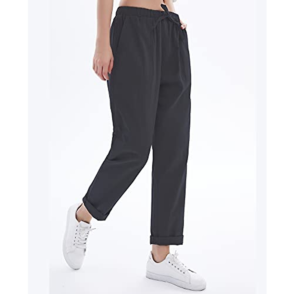 Lisskolo Women's Drawstring Linen Pants Women Cotton Elastic Waist Wide Leg Cropped Pant X-Large Black