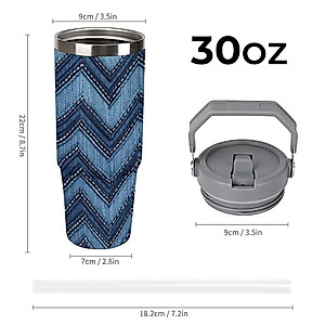 WITHSBKK 30oz Car Cup Gradient Blue Denim Printed with Portable, Stainless Steel Travel Mug, Vacuum Insulated Tumbler And Straw, Leakproof for Car & Outdoor, UV Printed Design