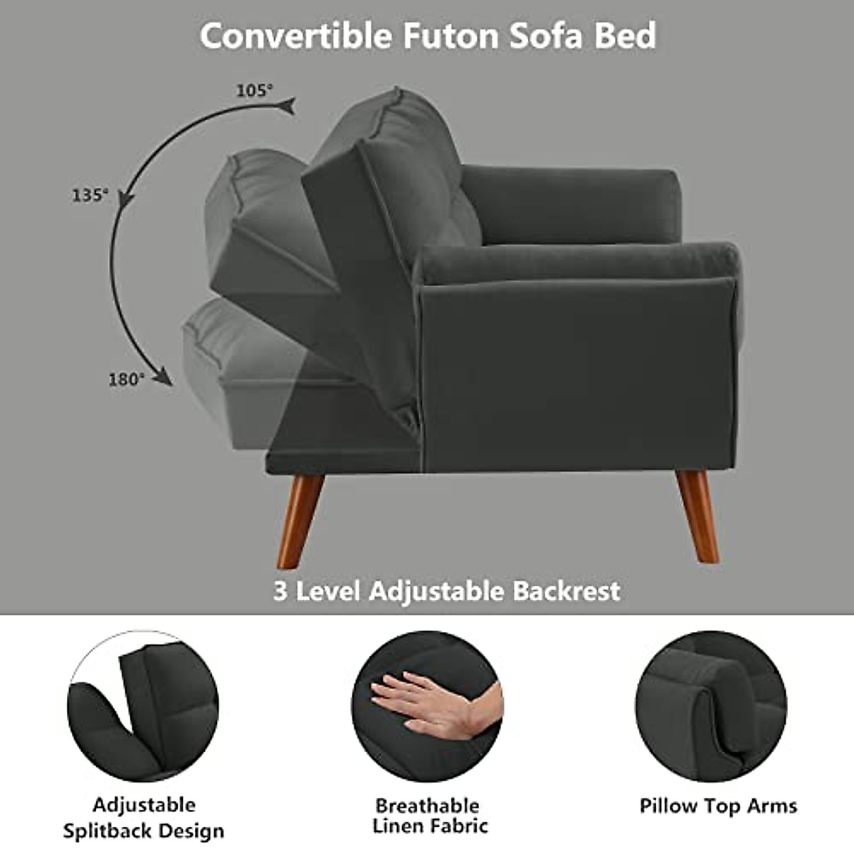 Betoko Convertible Futon Sofa Bed Sleeper Twin Size, Modern Reclining Linen Split Back Sofa Couch with Pillow Top Arm for Compact Living Room,Apartment (Dark Grey)