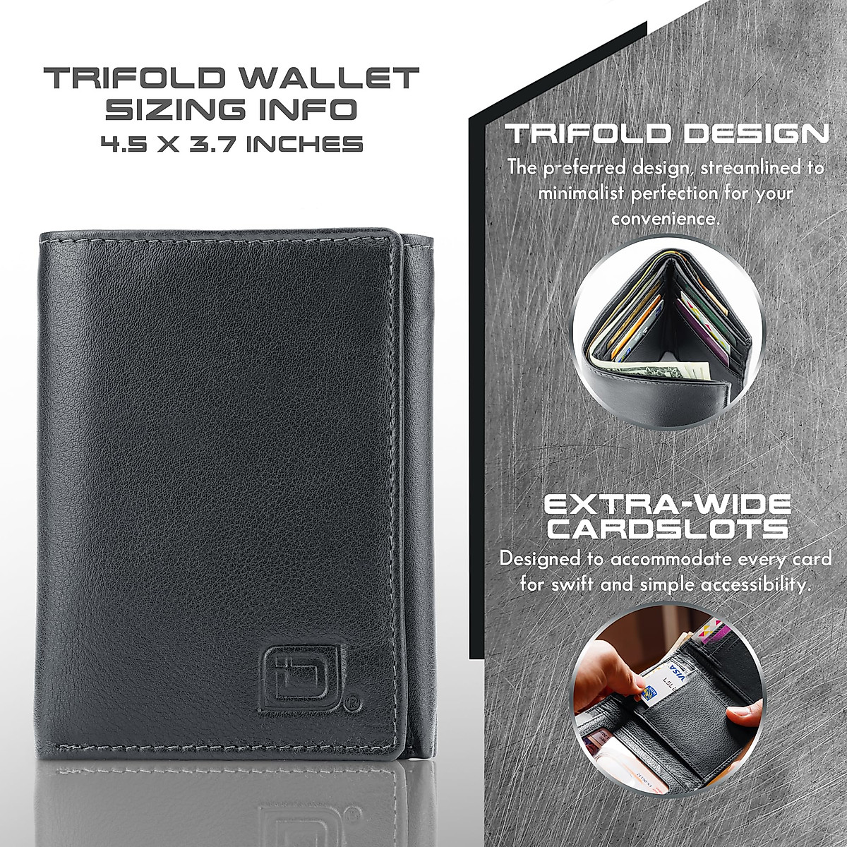 Leather Trifold Wallets for Men - RFID Blocking - Mens Trifold Wallet in Black