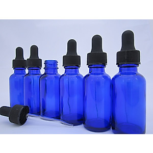 DropperStop™ 1oz Cobalt Blue Glass Dropper Bottles (30mL) with Tapered Glass Droppers - Pack of 6