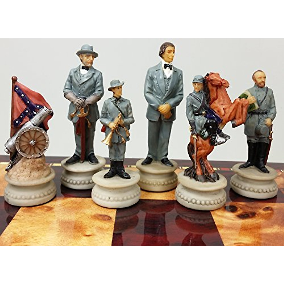 US American Civil War Generals Chess Set W/ 17" High Gloss Cherry & Burlwood Color Storage Board
