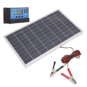 Solar Panel, 15W 18V Polycrystalline Solar Panel 12V/24V PWM Solar Controller 2pcs LED Bulb for Car RVs Ship Battery Charger(10A)
