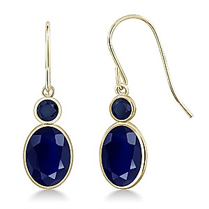 Gem Stone King 14K Yellow Gold Blue Sapphire Hook French Fish Ear Wire Dangle Earrings For Women (3.84 Cttw, Gemstone September Birthstone, Oval 8X6MM, Round 3MM)