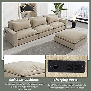 Merax 128" Sectional Sofa with Movable Ottoman and Soft Back Pillows, 4 Seat Sleeper Cloud Couch Set, L Shaped Convertible Chenille Upholstered SofaBed for Living Room, Apartments, Beige