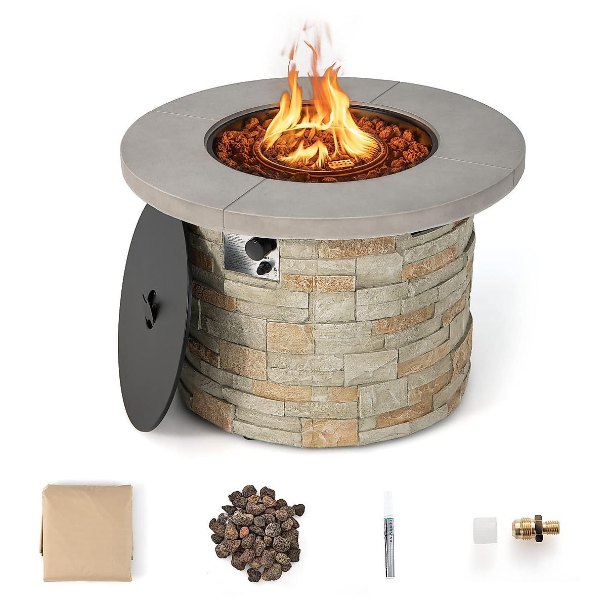 Tangkula 50,000 BTU Propane Gas Fire Pit Table, Patiojoy 36” Round Propane Firepit with Removable Lid, Volcanic Rock & PVC Cover, Outdoor Fire Pit Table with Faux Stone Surface for Patio, Backyard