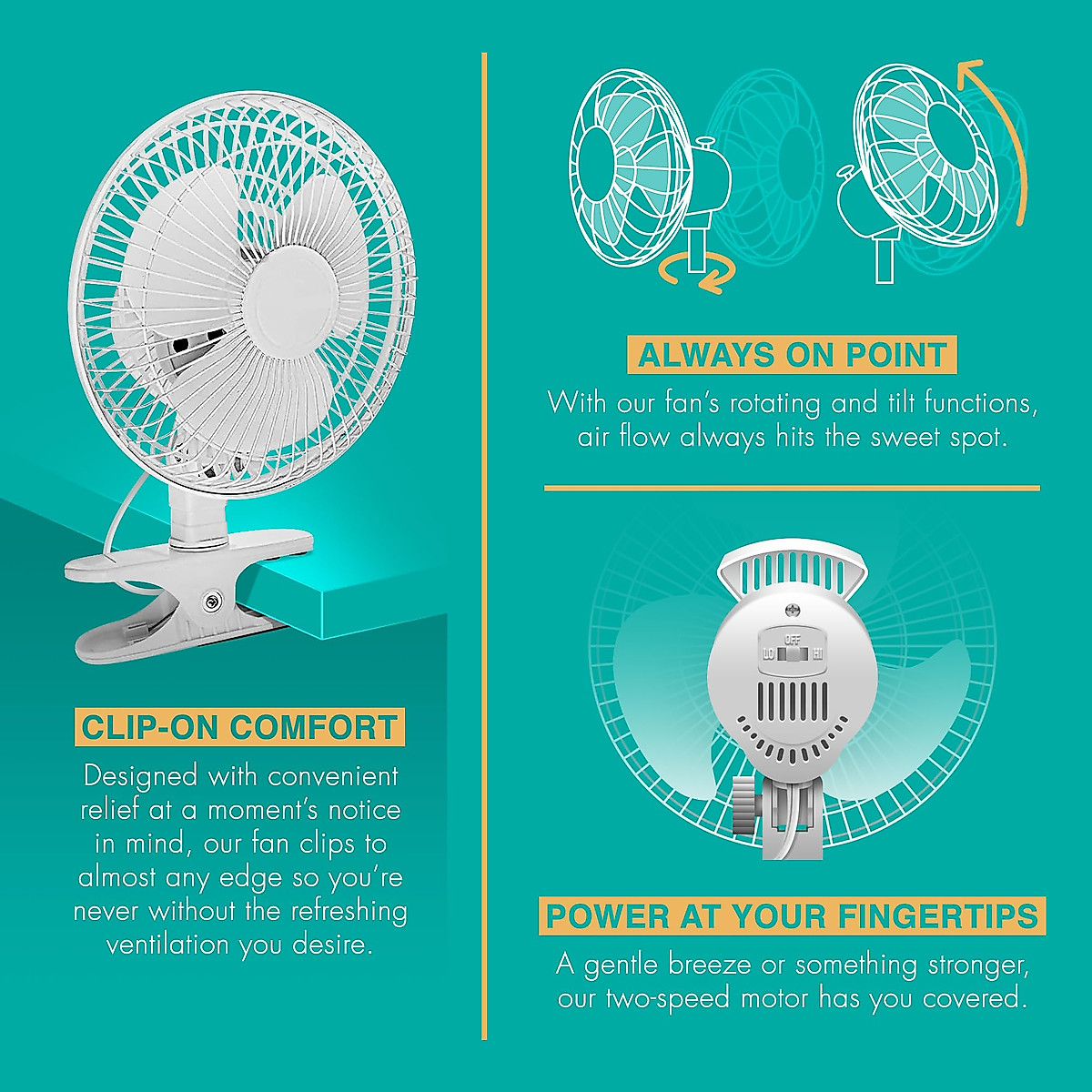 JOEY'Z 6 INCH - 2 Speed - Adjustable Tilt, Whisper Quiet Operation Clip-On-Fan with 5.5 Foot Cord and Steel Safety Grill (2, 6" Fan with 5 FT Cord)