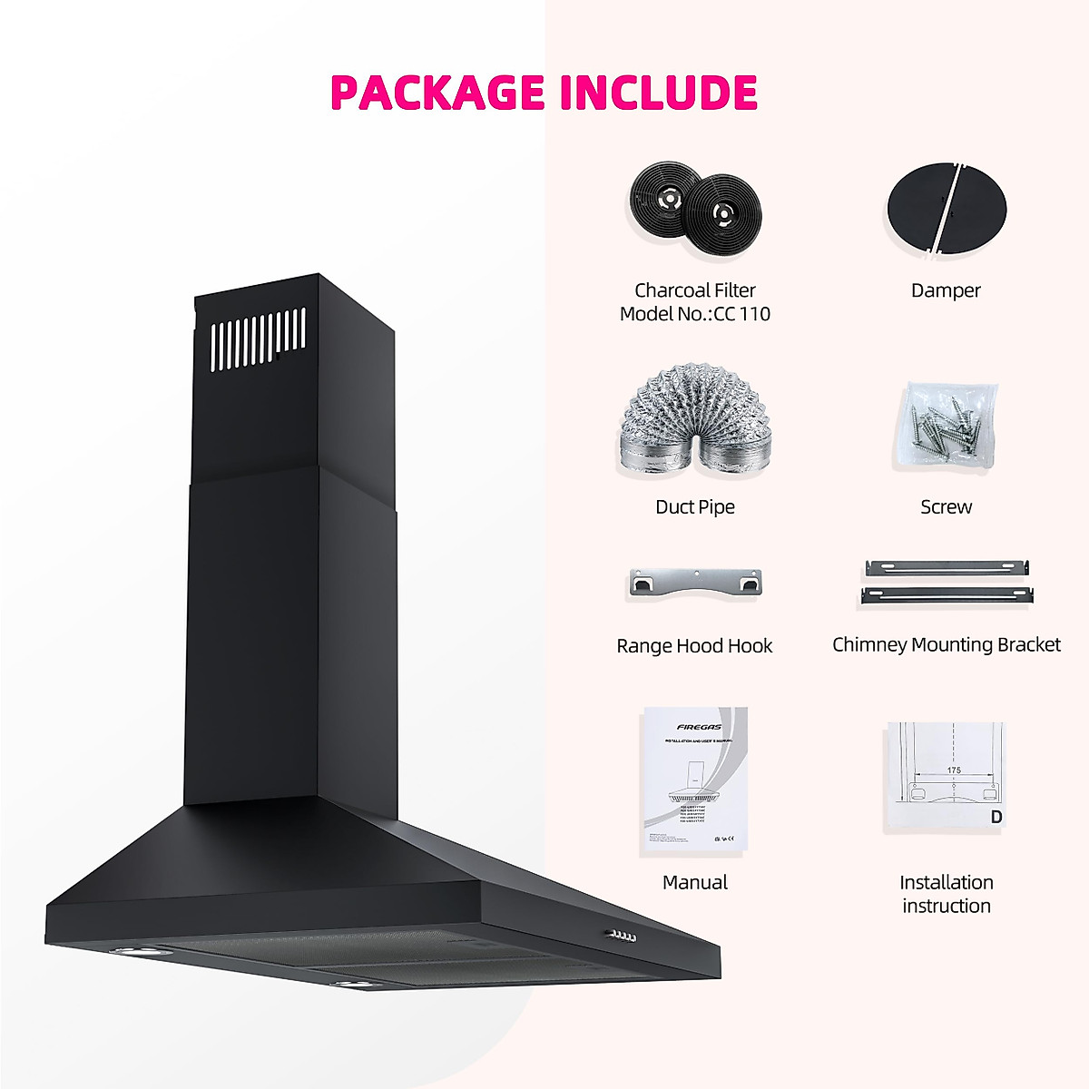 FIREGAS Black Range Hood 30 Inch, Wall Mount Kitchen Hood Ducted/Ductless Convertible, 450 CFM, 3-Speed Exhaust Fan, Stainless Steel Stove Vent for Kitchen with LED Lights, Charcoal Filters