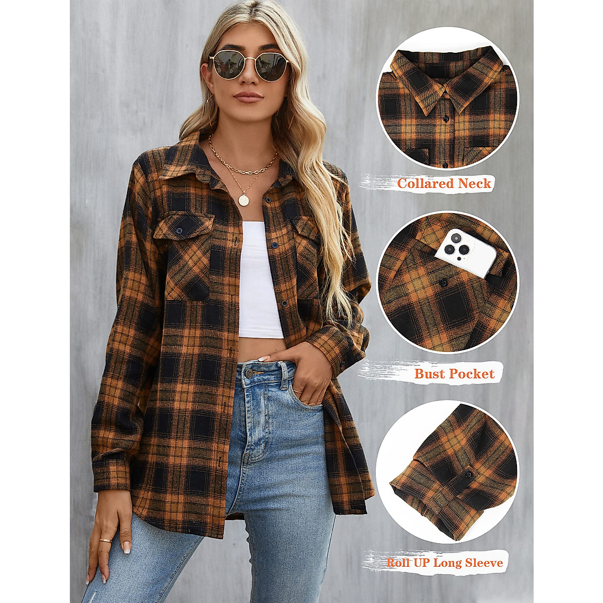 Blooming Jelly Women's Flannel Shirts Plaid Shacket Button Down Collared Business Casual Blouse 2023 Fall Roll Up Long Sleeve Tops (Yellow,Small)