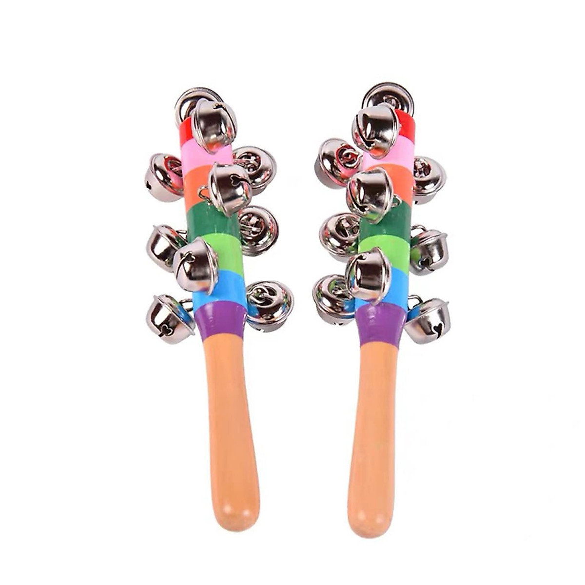 2 Pack Vivid Color Rainbow Handle Wooden Bells Jingle Stick Shaker Rattle 10 Jingle Bells Baby Kids Children Musical Toys