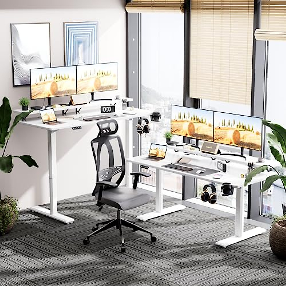 Kemon Electric Standing Desk with Monitor Stand, 55 x 24 Inch Height Adjustable Sit Stand up Desk, Home Office Computer Workstation with Cup Holder and Hook, Stand Table for Work, White