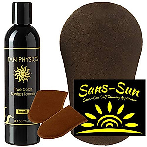 Tan Physics Self Tanner, 8 Fl oz with Face & Body Mitts, Black Exfoliation Gloves and Travel Bag - Tan Physics True Color Sunless Tanner - Tan Physics Sunless Tanner - 6 Pieces