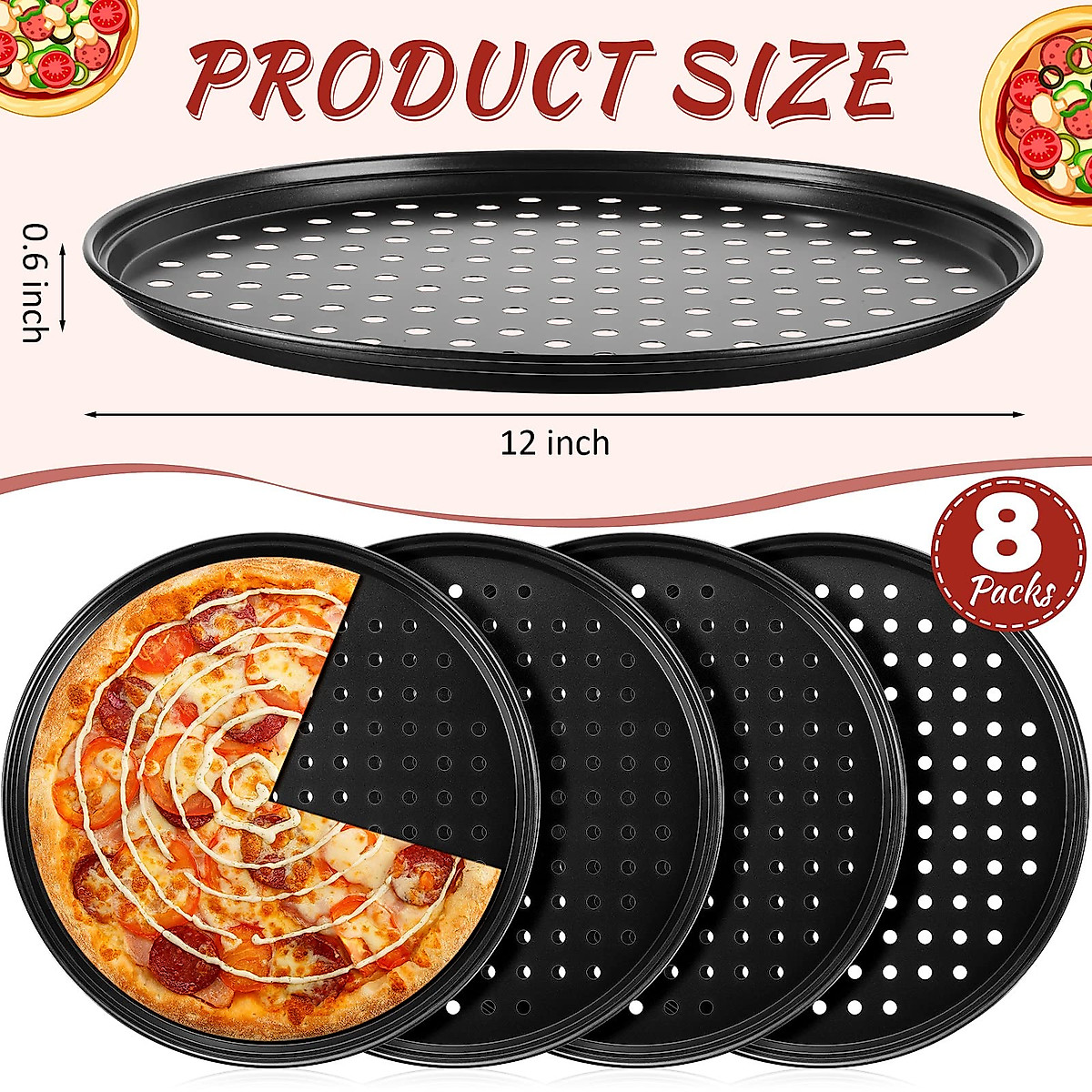 8 Pieces Pizza Pan With Holes 12 Inch Round Pizza Pan Carbon Steel Perforated Non-Stick Tray Tool Pizza Storage Container Nonstick Baking Supplies Home Restaurant Kitchen Steel Crisper Pizza Pan Set