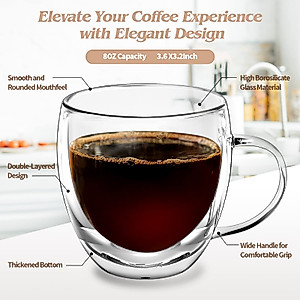 Keyloland Coffee Mug, 8oz Espresso Cups, Borosilicate Glass Coffee Mugs, Double Wall Glass Coffee Mugs, Elegant Clear Coffee Mug, Insulated Glass Cups For Coffee, Tea (8oz-2 pack)
