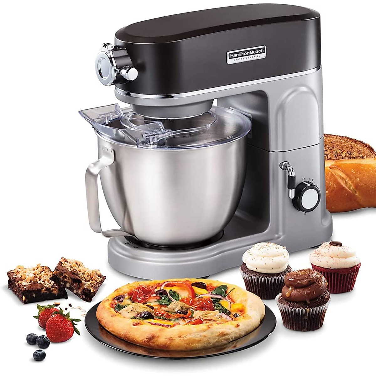 Hamilton Beach 63240 Professional Stand Mixer 5 Quart Specialty Attachment Hub Grey Bundle with 1 YR CPS Enhanced Protection Pack