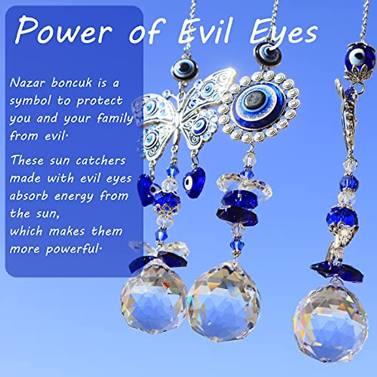 3pcs Evil Eye Suncatchers with Crystal Prism Balls for Window Hanging Sun Catcher Decor Blue Eyes Suncatcher Rainbow Maker Pendant Ornament for Home Garden Charm Craft Gift
