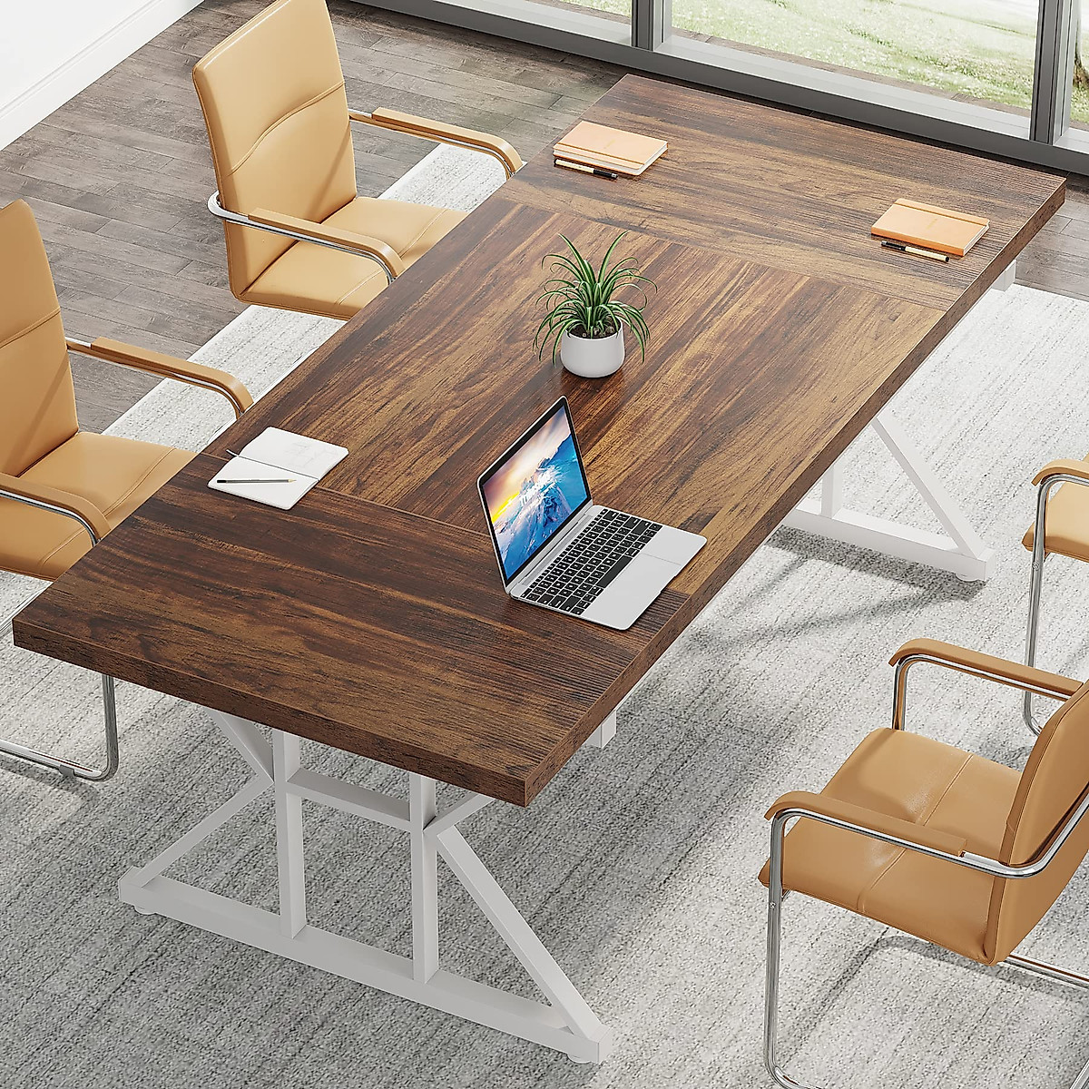 Tribesigns 6FT Conference Table, 70.86 L x 31.49 W x 29.52 H Inches Rectangle Meeting Room Table, Rustic Wood Seminar Table Executive Desk for Office, Conference Room(Brown/White)