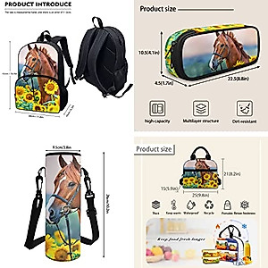 POLERO Sunflower Horse School Backpack for Girls Insulated Lunch Case Crossbody Water Bottle Cover School Pencil Holder Pen Bags
