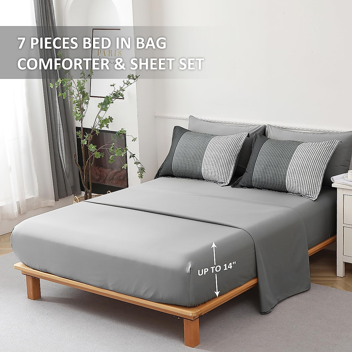 Grey Queen Comforter Set 7 Pieces, Ombre Striped Bed in a Bag Queen with Sheet Sheet, All Season Boho Patchwork Down Alternative Comforter Bedding Set